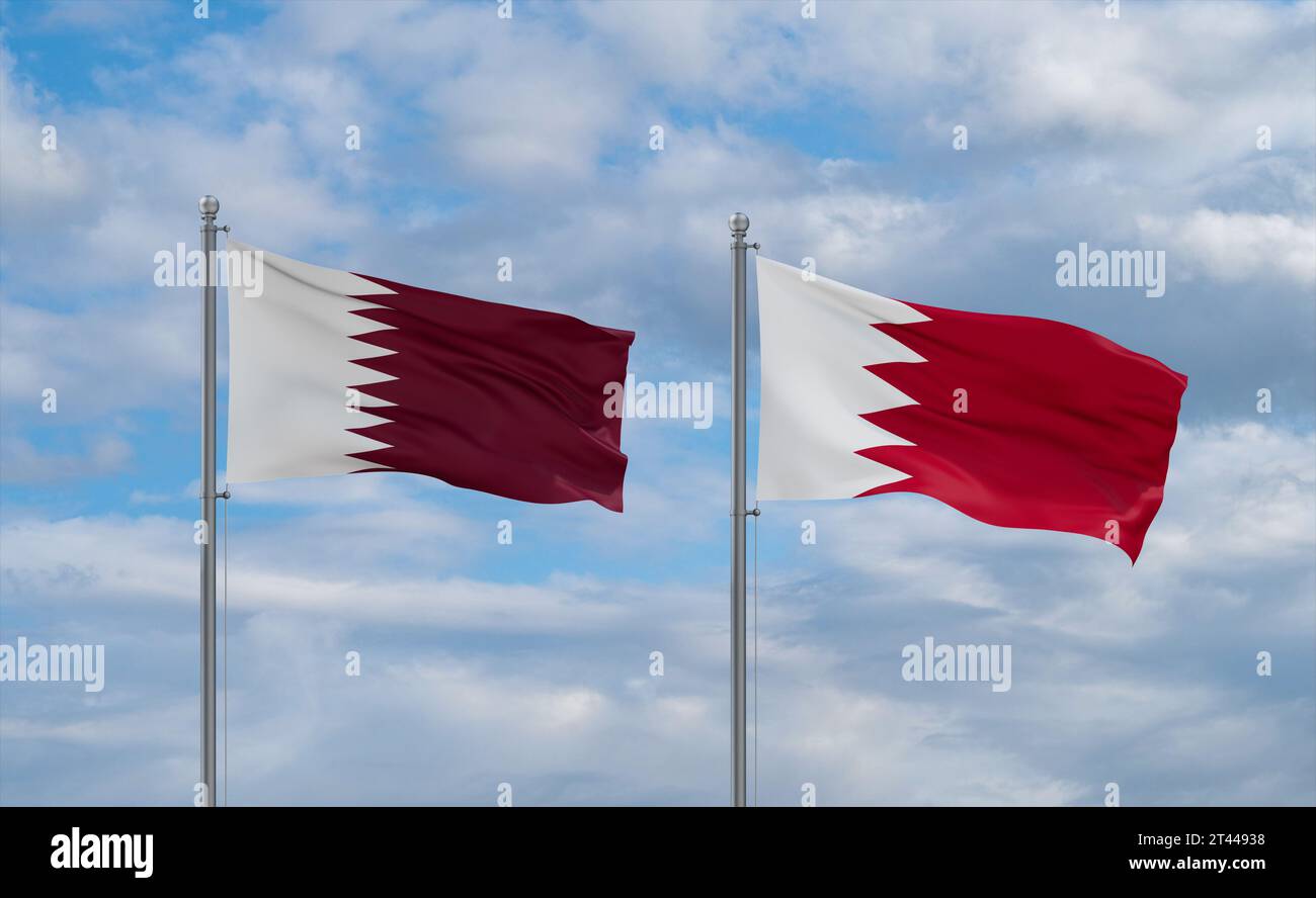 Bahrain and Qatar flags waving together on blue cloudy sky, two country ...
