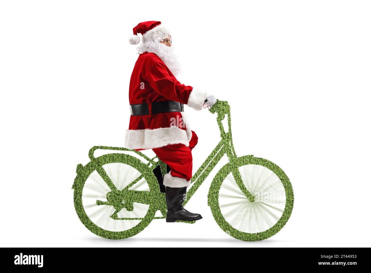 Full length profile shot of Santa Claus riding a green bicycle isolated ...