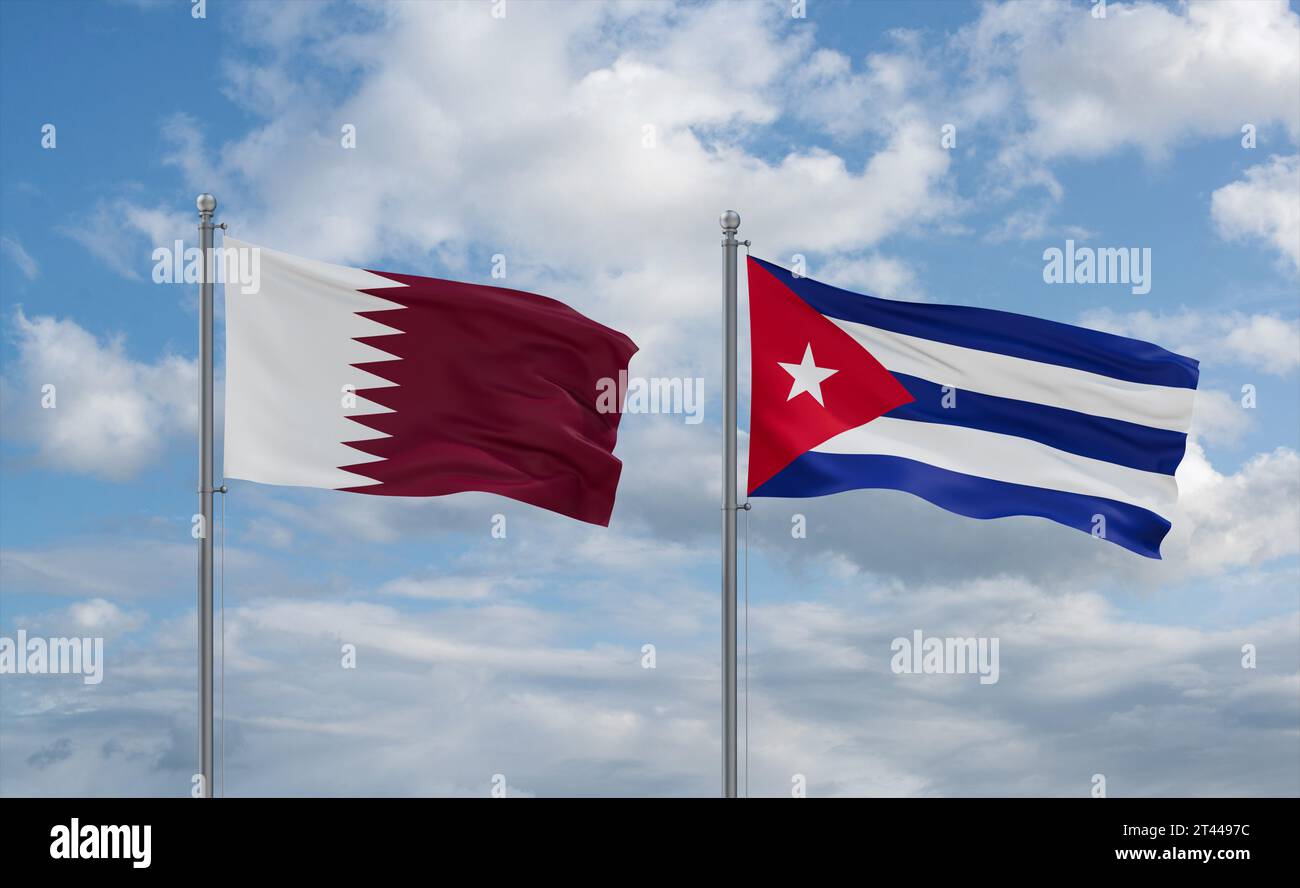 Cuba and Qatar flags waving together in the wind on blue cloudy sky ...