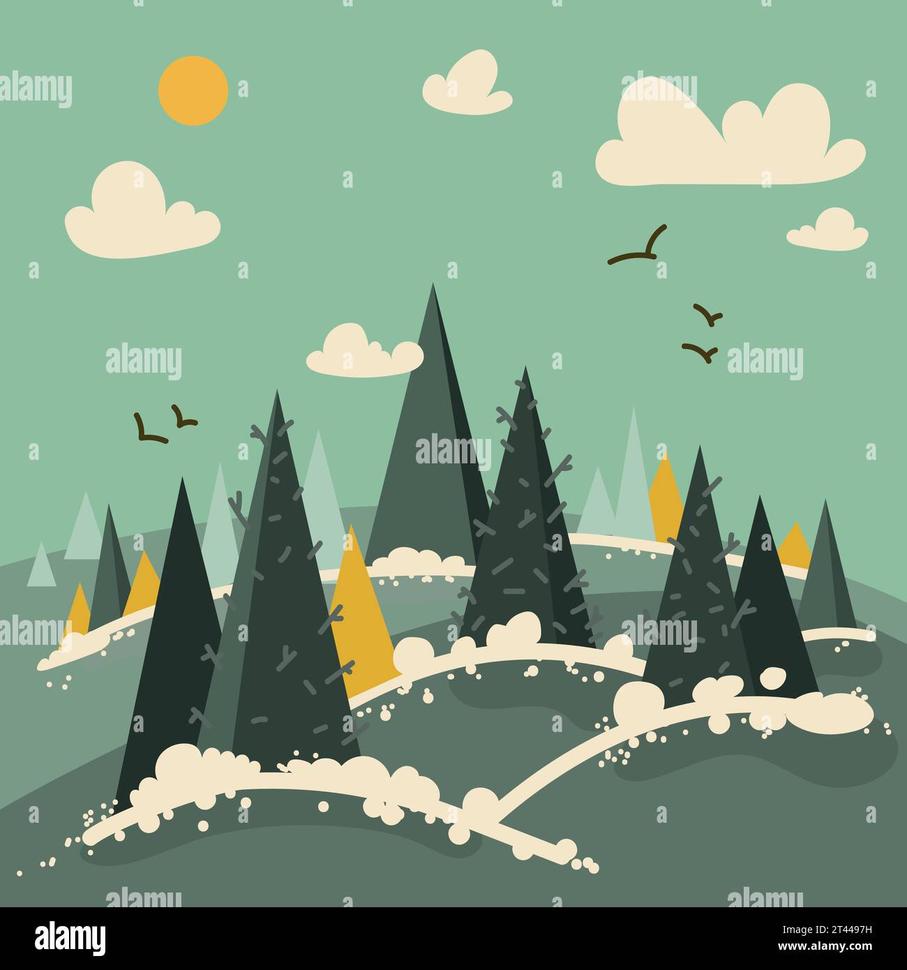 Winter Landscape with abstract fir,pine trees in Scandi style. Cover ...