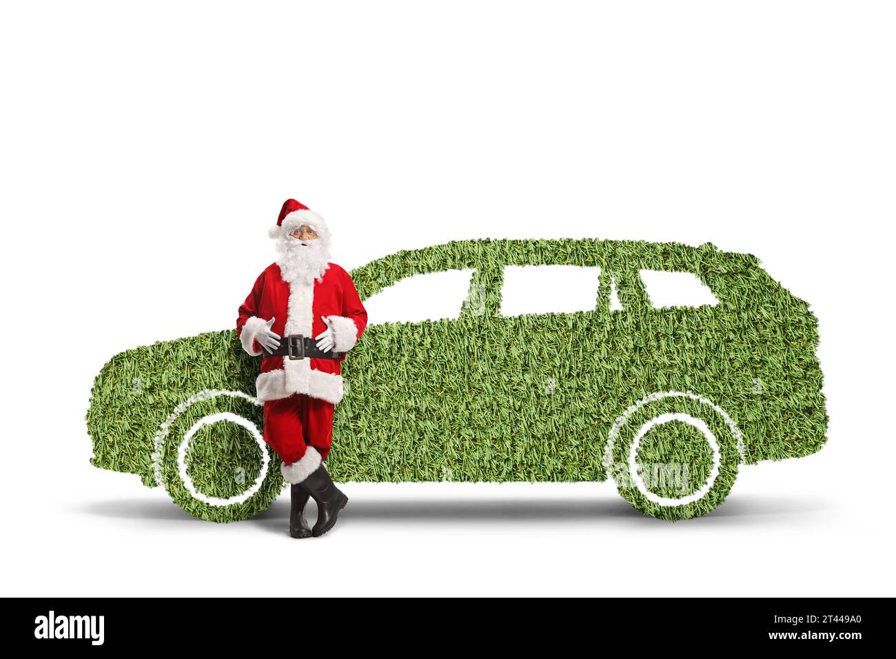 Santa claus leaning on a sustainable green SUV made of grass isolated ...