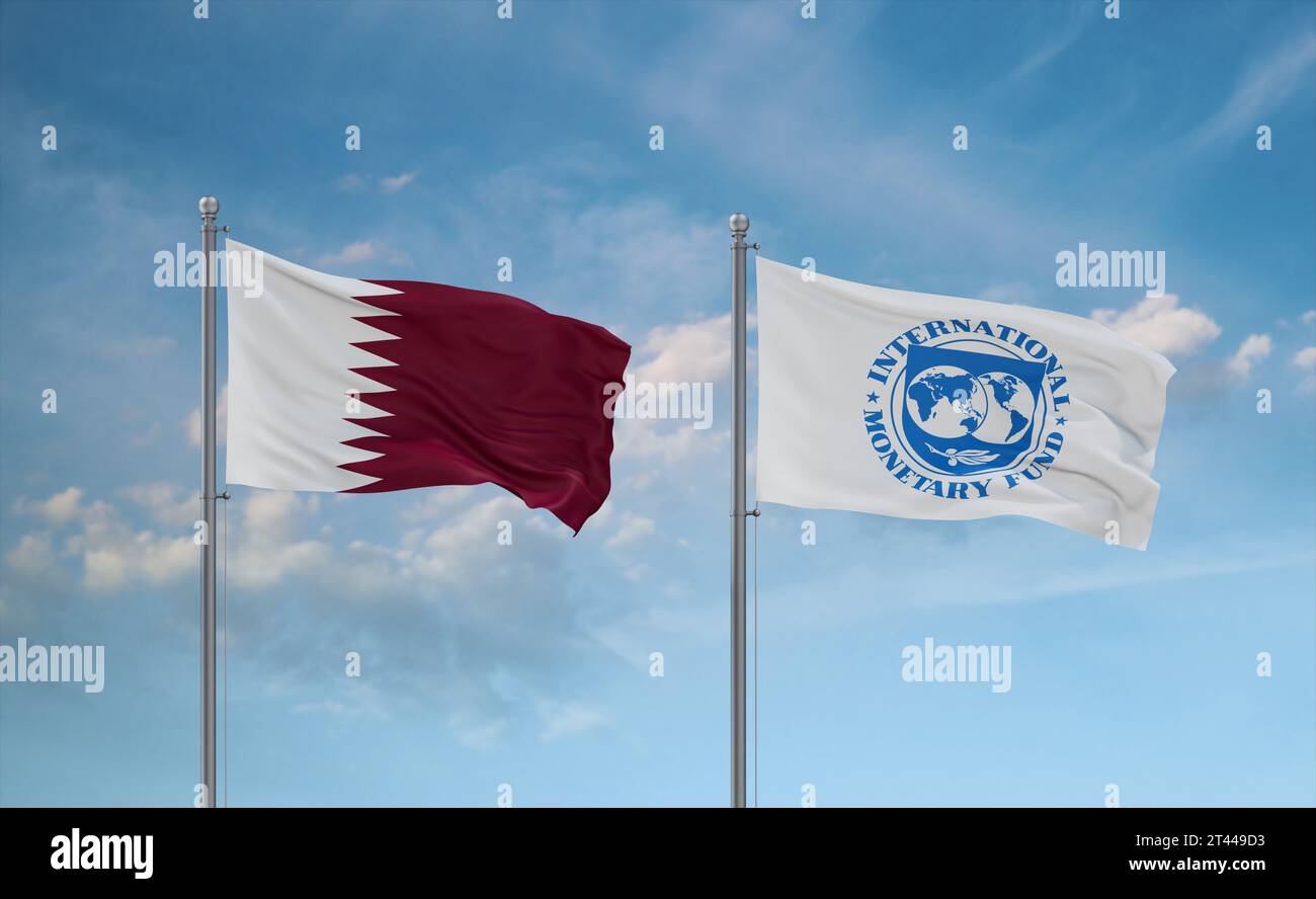 IMF International Monetary Fund and Qatar flags waving together on blue ...