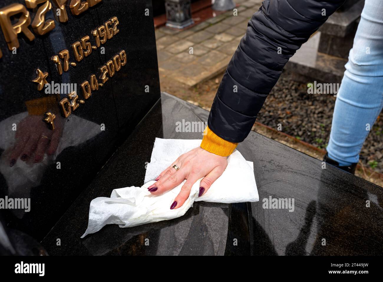 Cleaning a black tombstone with a cloth and water, female hands visible ...