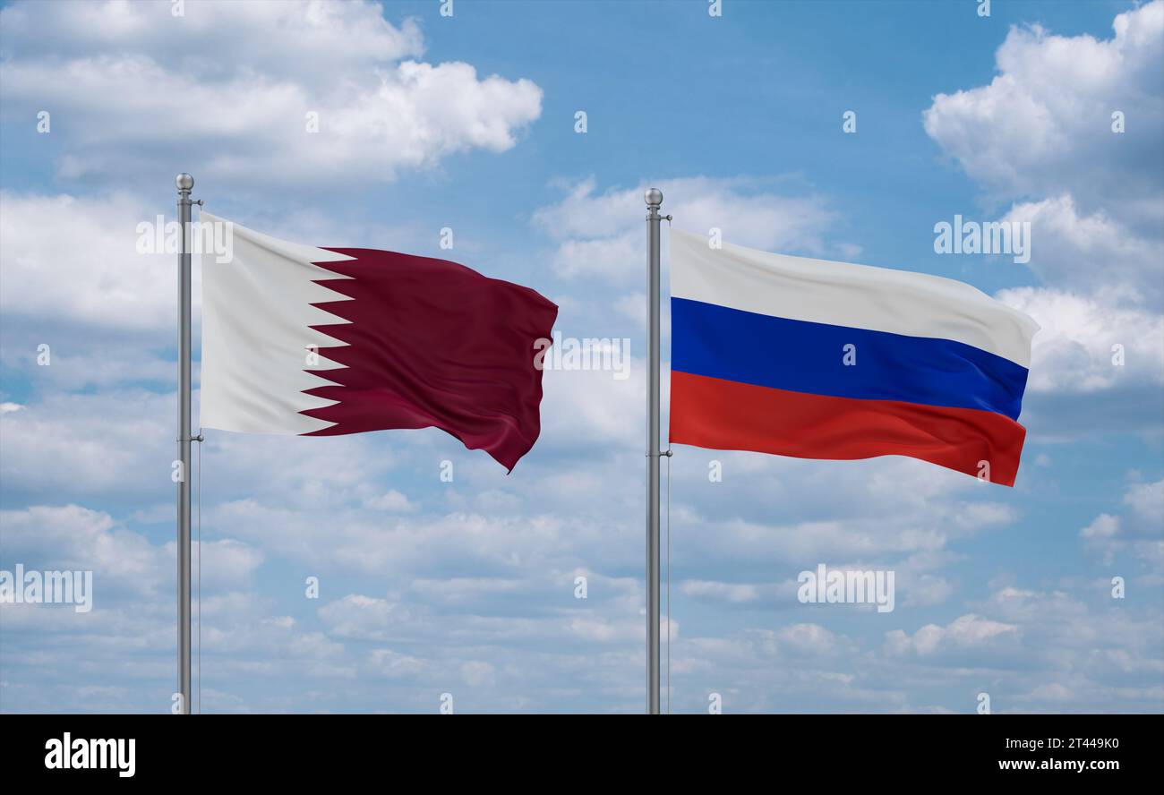 Russian Federation and Qatar flags waving together in the wind on blue ...