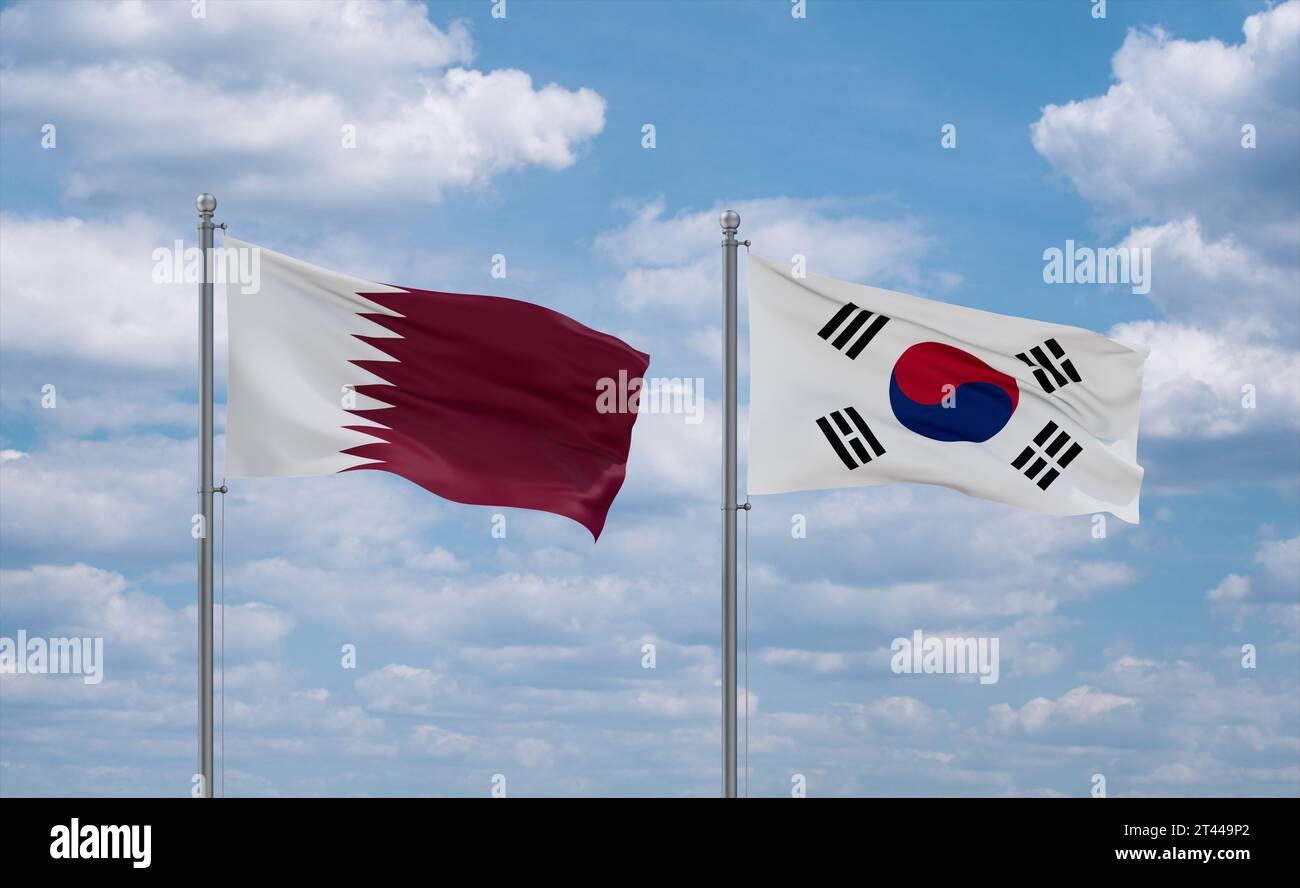 South Korea or Republic of Korea or ROK and Qatar flags waving together ...