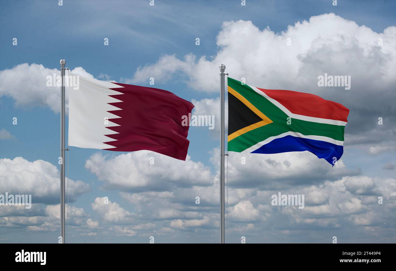 Republic of South Africa and Qatar flags waving together in the wind on ...