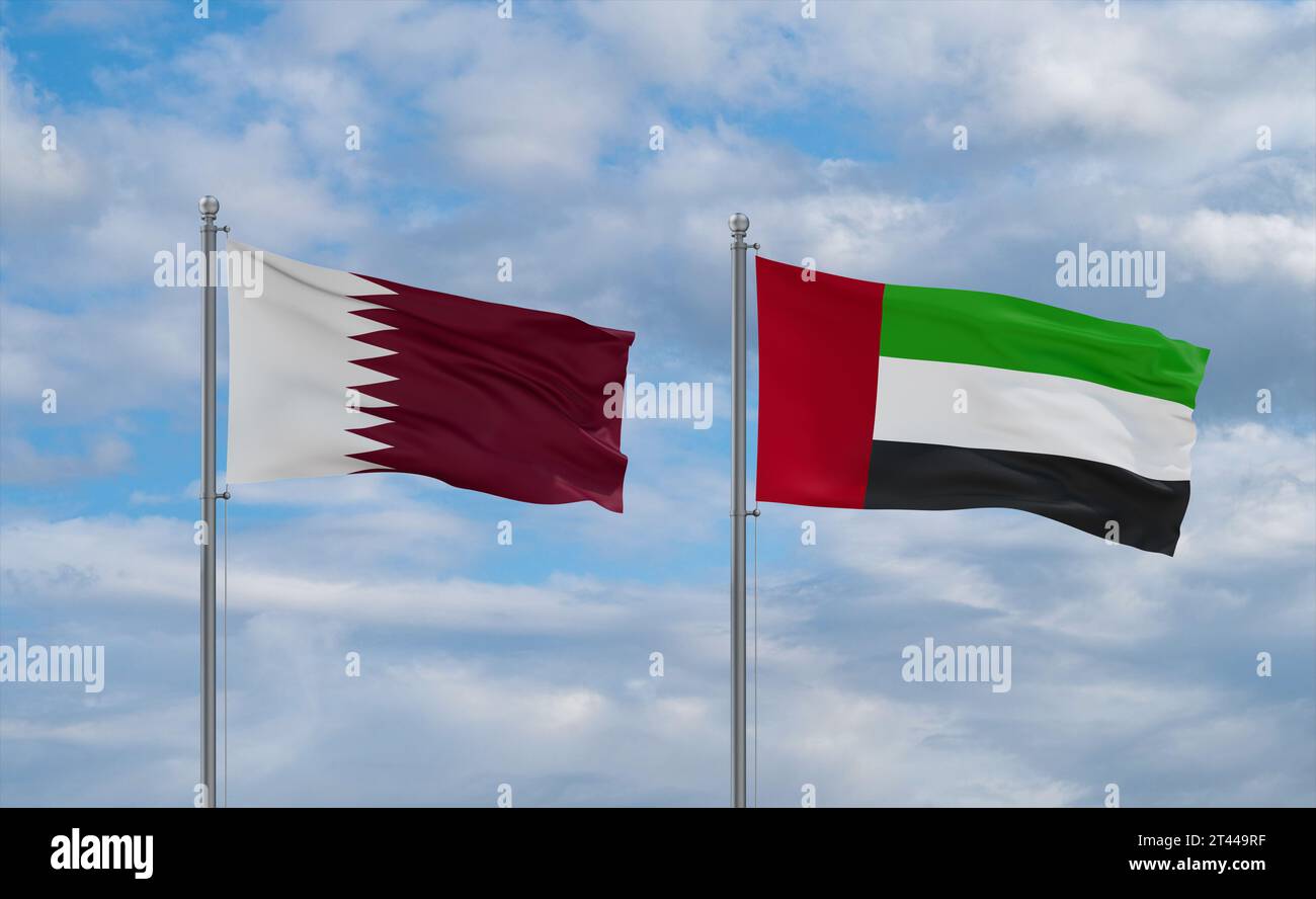 United Arab Emirates and Qatar flags waving together in the wind on ...