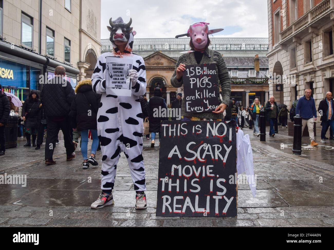 London, England, UK. 28th Oct, 2023. Animal rights activists donned ...