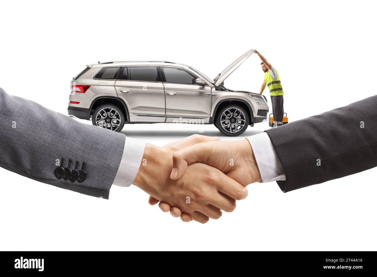 Car repair service, men shaking hands in front of a SUV isolated on ...