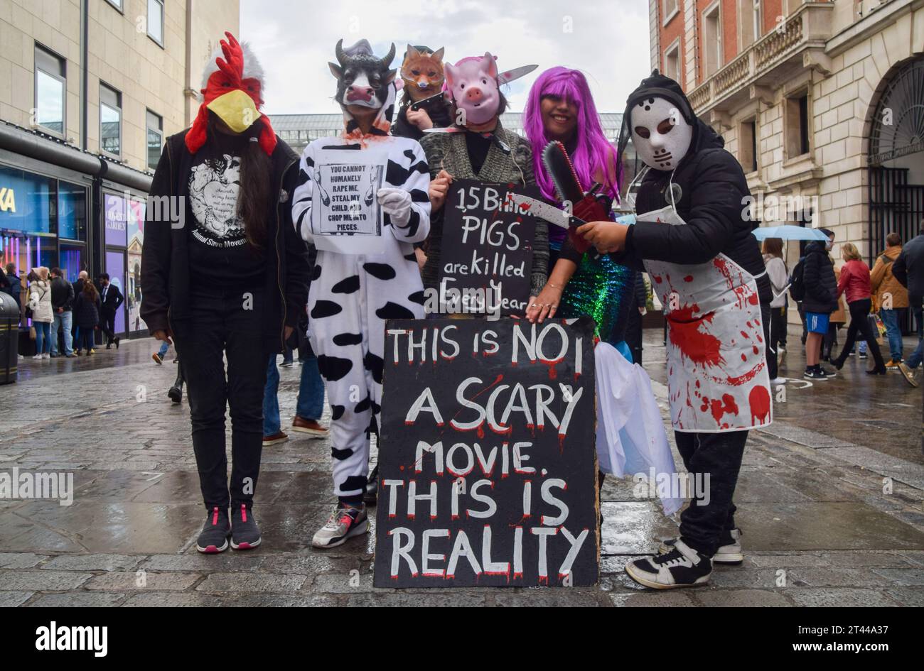 London, England, UK. 28th Oct, 2023. Animal rights activists donned ...
