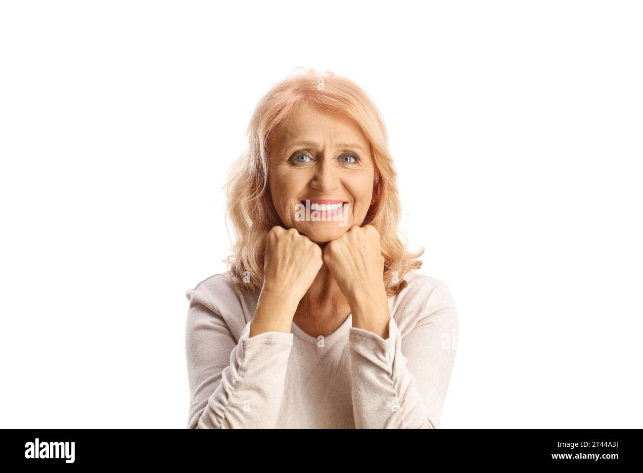 Smiling mature woman with blue eyes and wrinkles on face isolated on ...