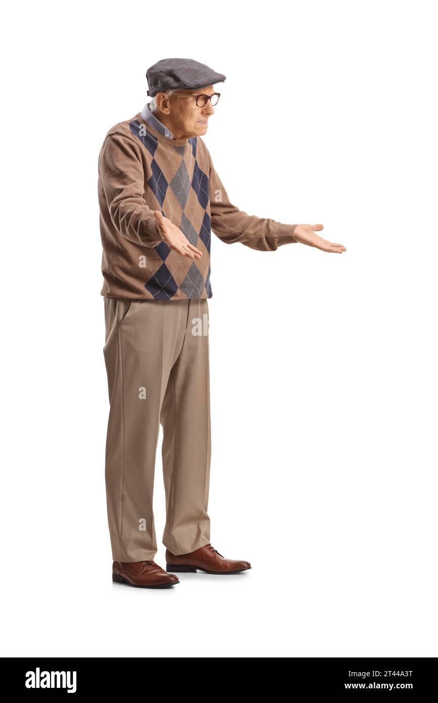 Angry elderly man gesturing with hands isolated on white background ...