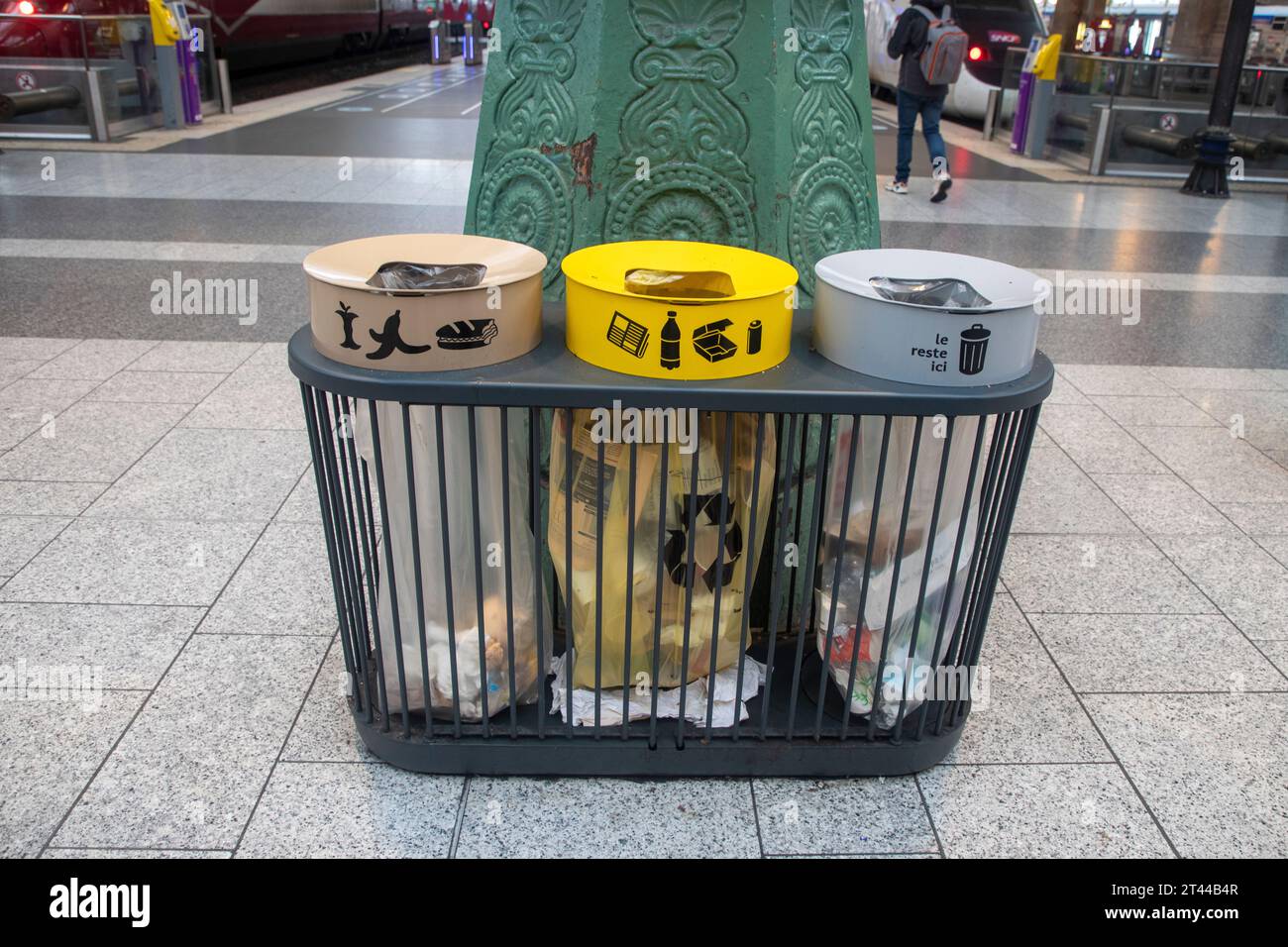 Paris, France. Recycle rubbish bin at the Gare du Nord SNCF railway ...