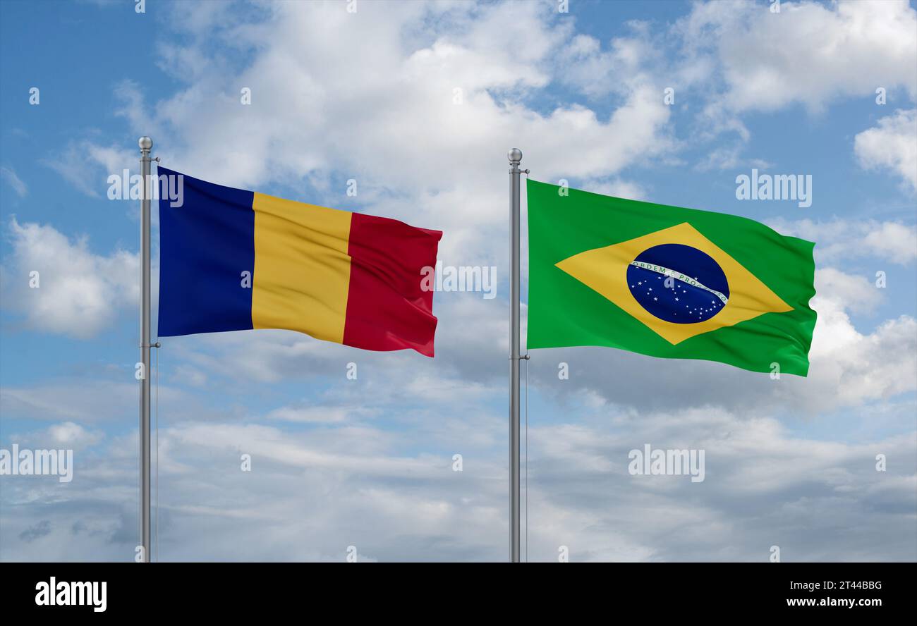 Brazil and Romania flags waving together on blue cloudy sky, two country relationship concept ...