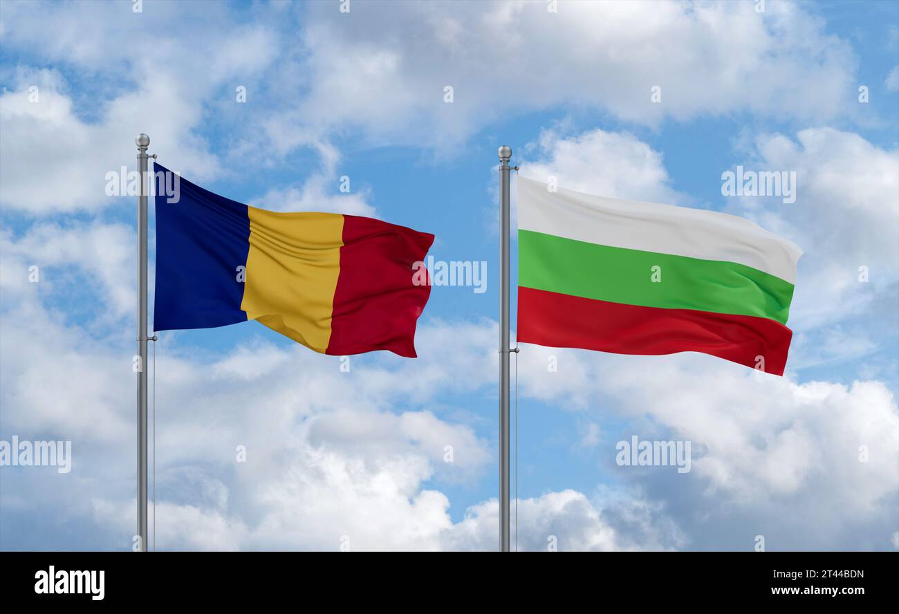 Bulgaria and Romania flags waving together on blue cloudy sky, two ...