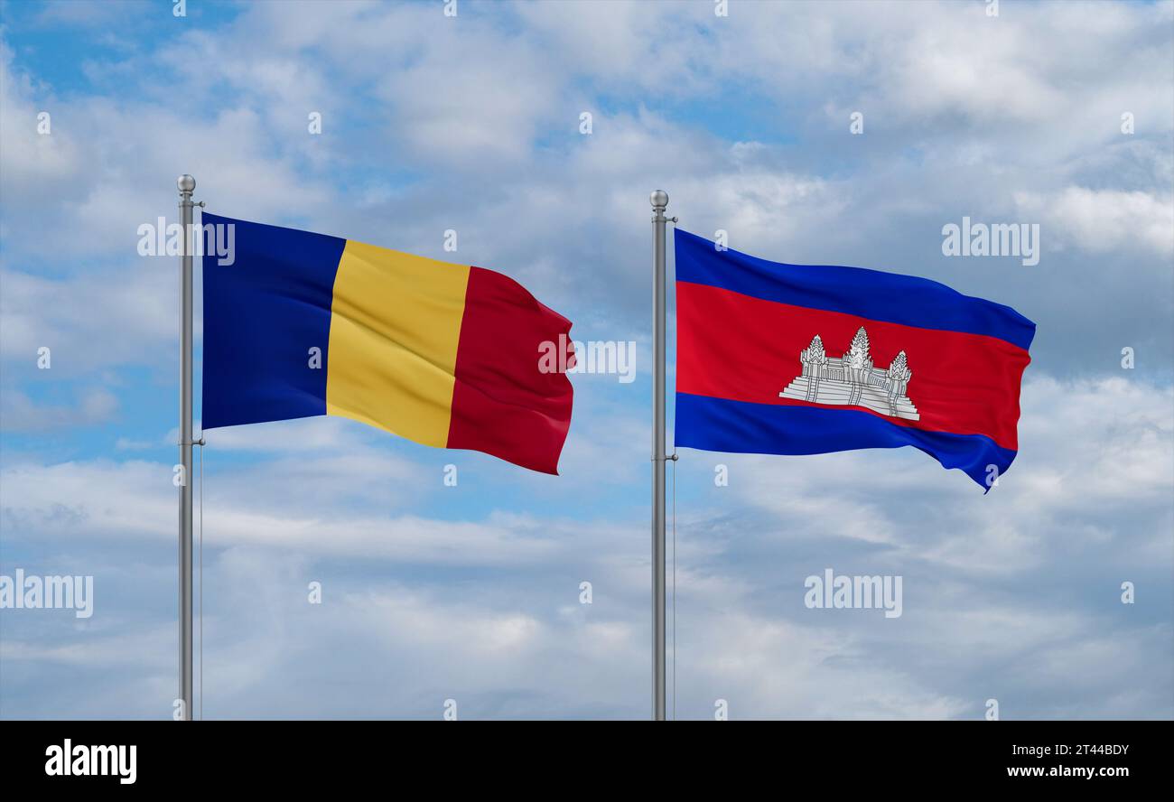 Cambodia and Romania flags waving together on blue cloudy sky, two country relationship concept ...