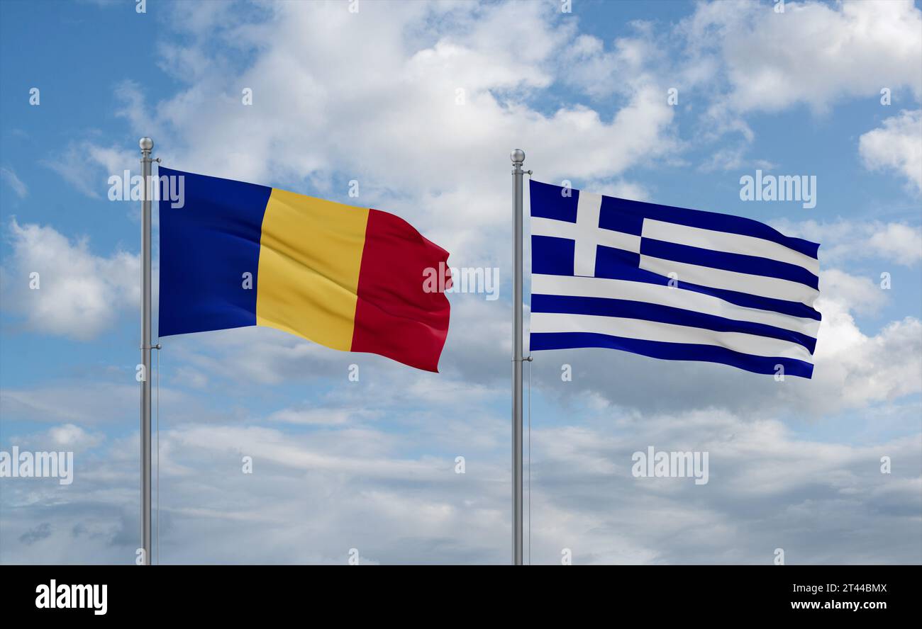 Greece and Romania flags waving together on blue cloudy sky, two ...