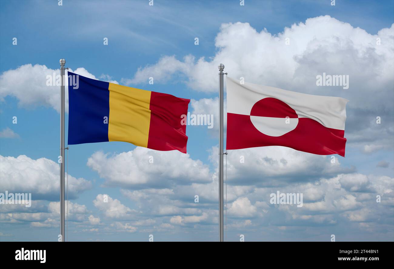 Greenland and Romania flags waving together on blue cloudy sky, two ...