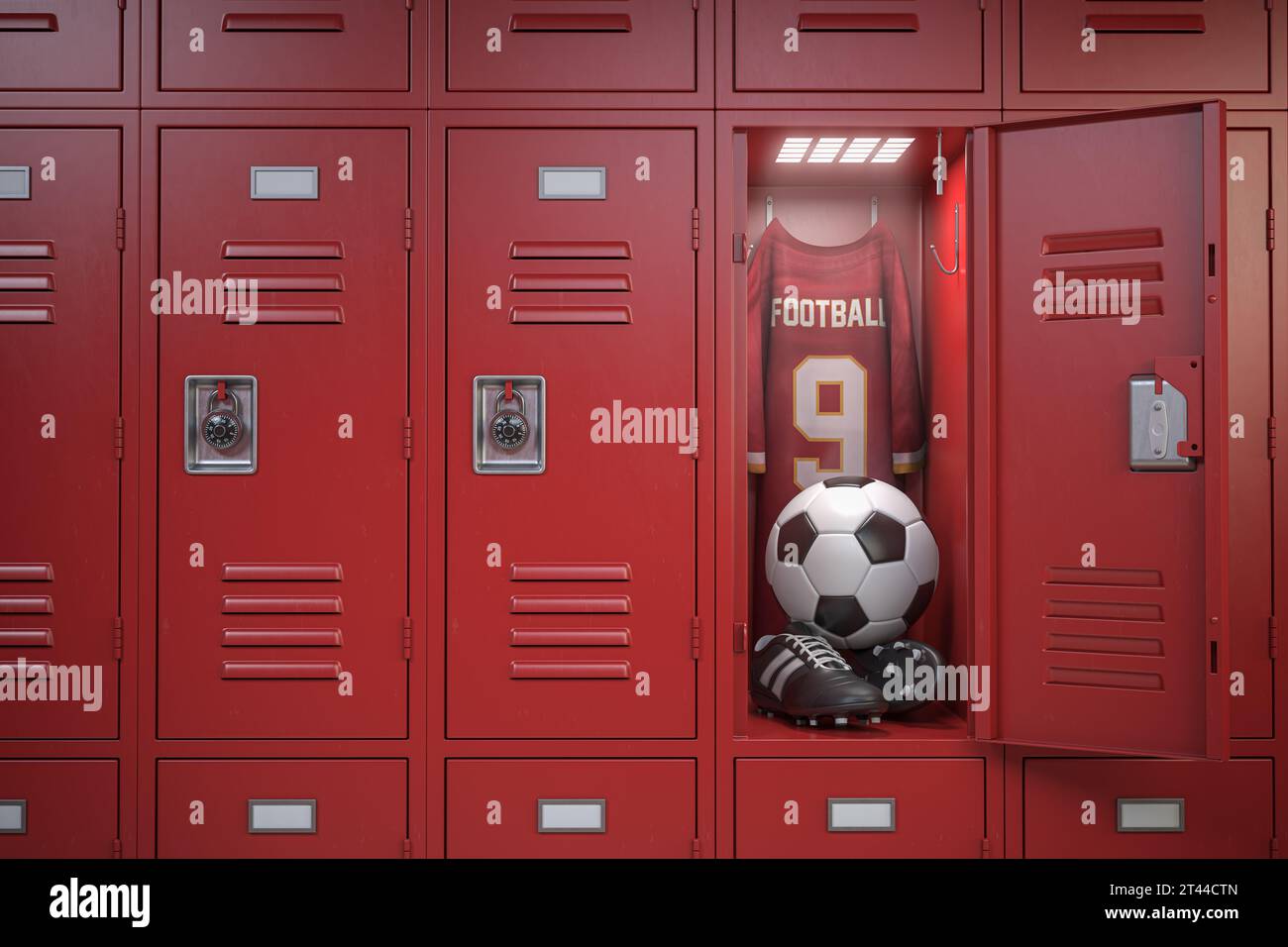 Football accesoires in locker rrom. Soccer ball, shirt and boots in a ...