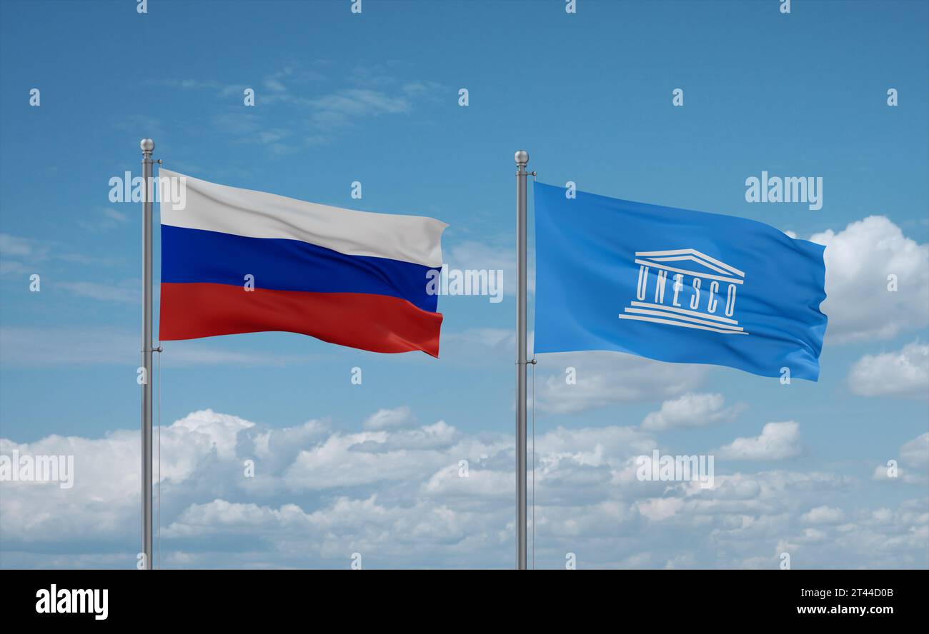 UNESCO and Russia flags waving together in the wind on blue cloudy sky ...
