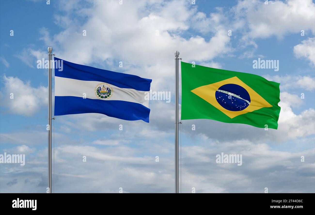 Brazil and El Salvador, Salvador flags waving together on blue cloudy ...