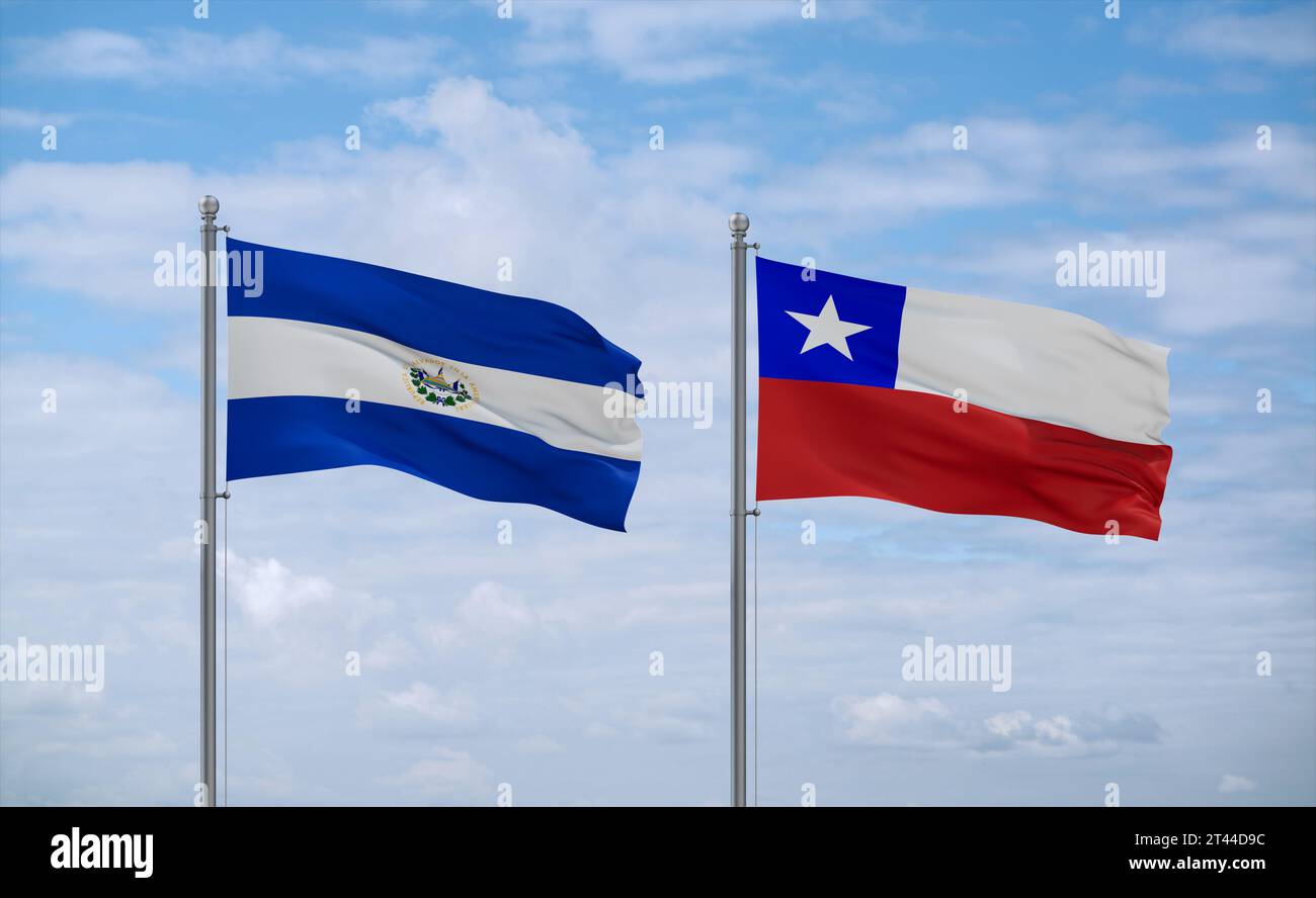 Chile and El Salvador, Salvador flags waving together on blue cloudy ...