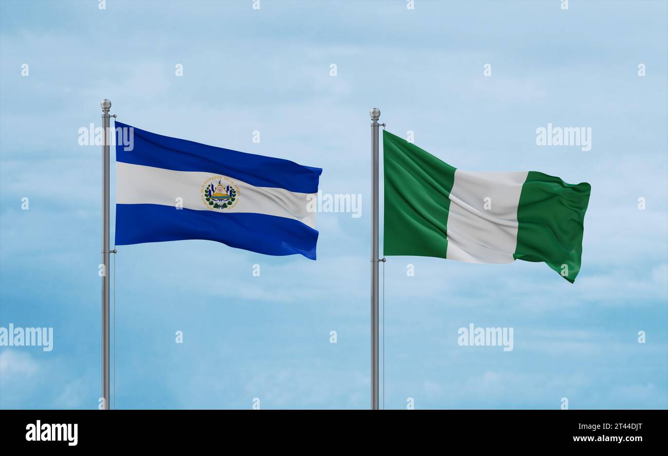 Nigeria and El Salvador, Salvador flags waving together on blue cloudy ...