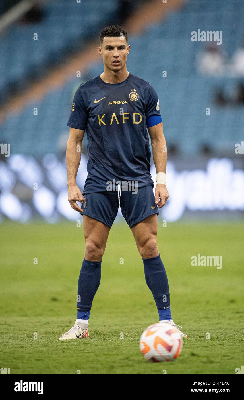 Cristiano Ronaldo of Al-Nassr FC prepares to kick during their Match ...