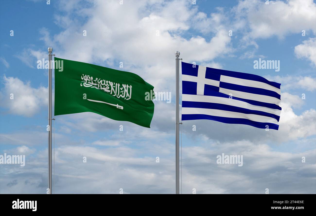Greece and Saudi Arabia flags waving together on blue cloudy sky, two ...