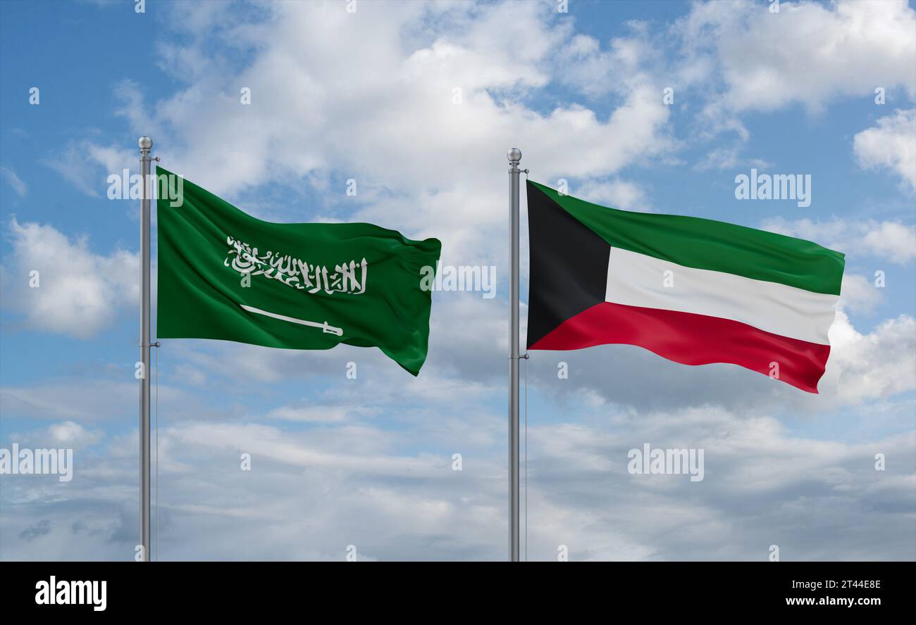 Kuwait and Saudi Arabia flags waving together in the wind on blue ...