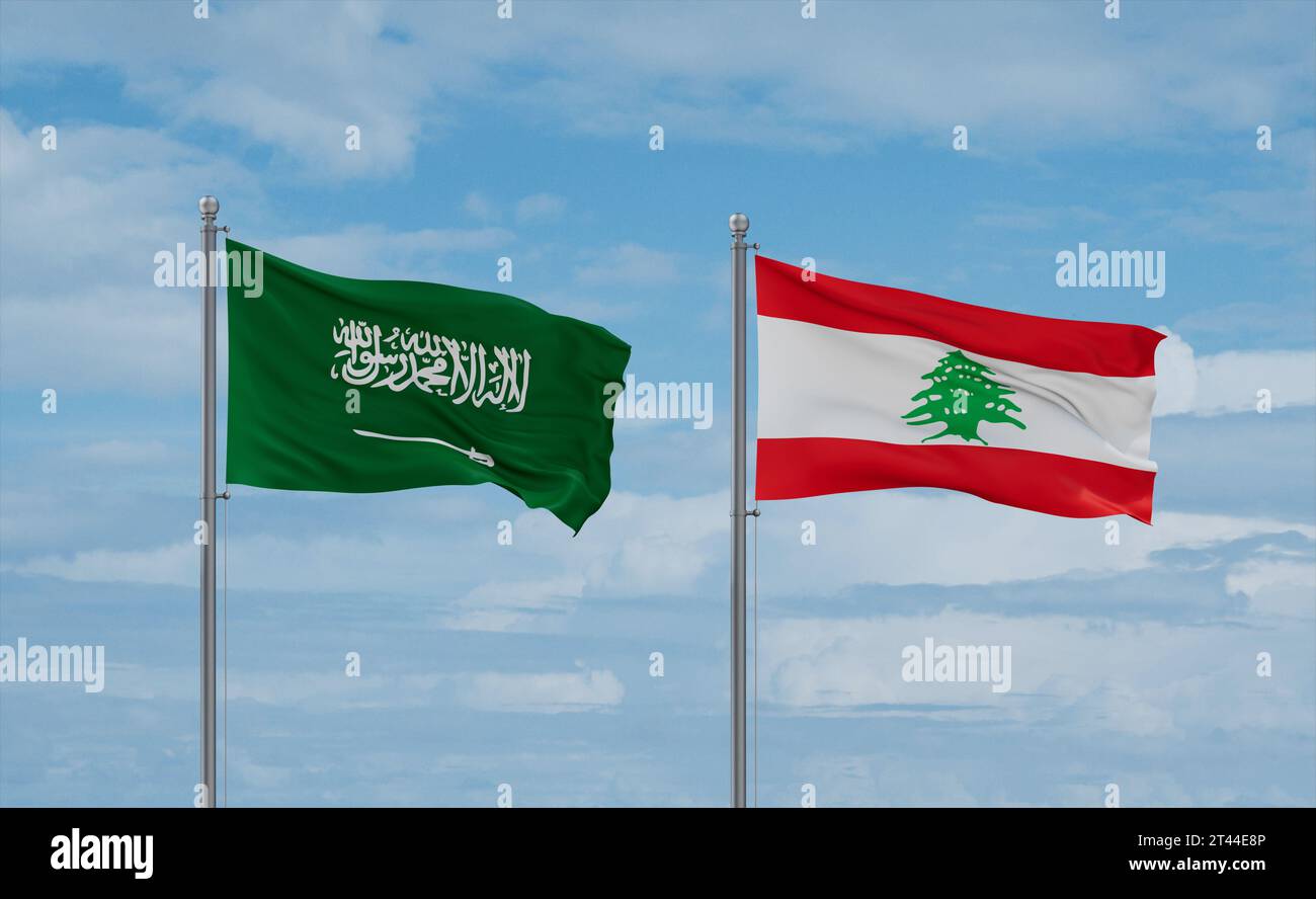 Lebanon and Saudi Arabia flags waving together in the wind on blue ...