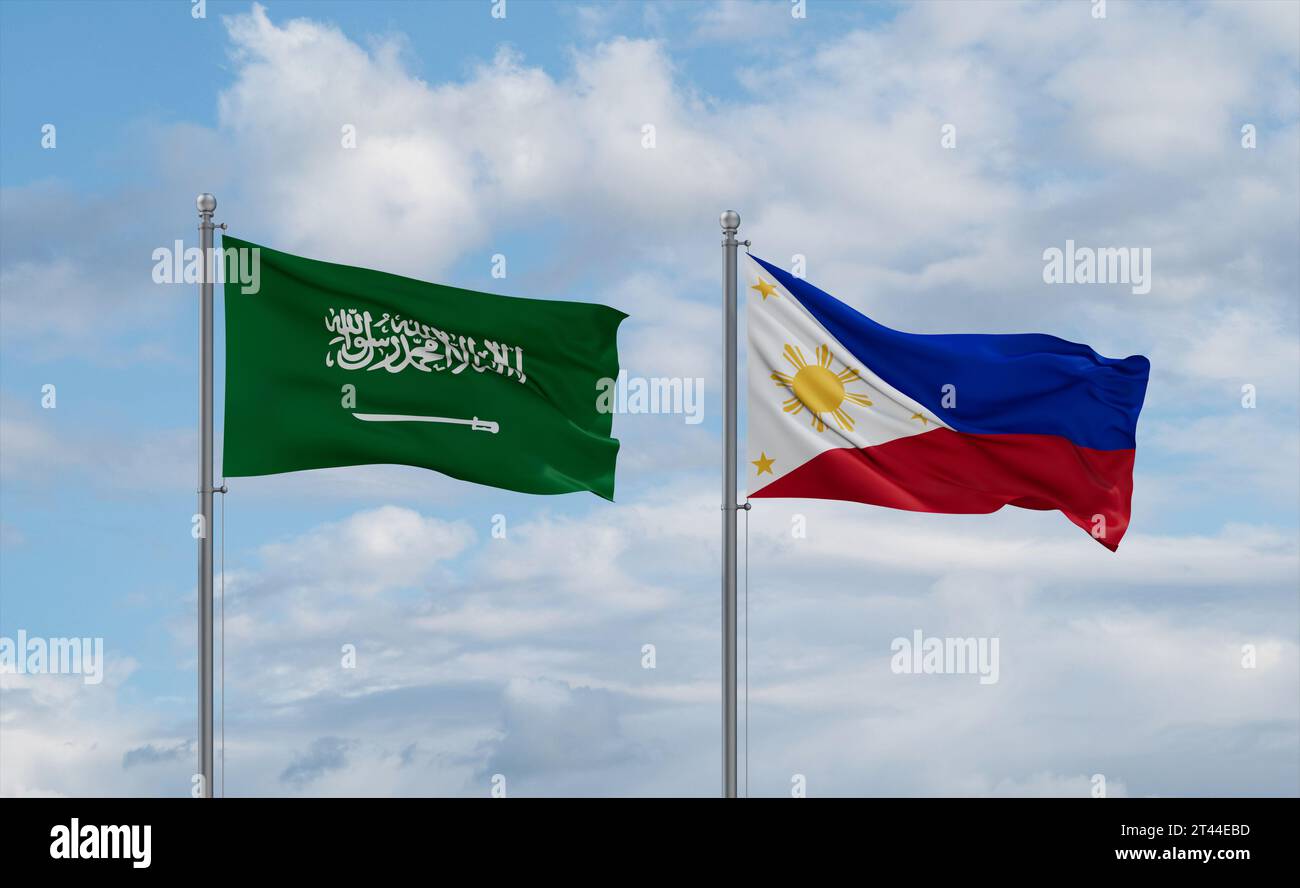 Philippines and Saudi Arabia flags waving together in the wind on blue ...