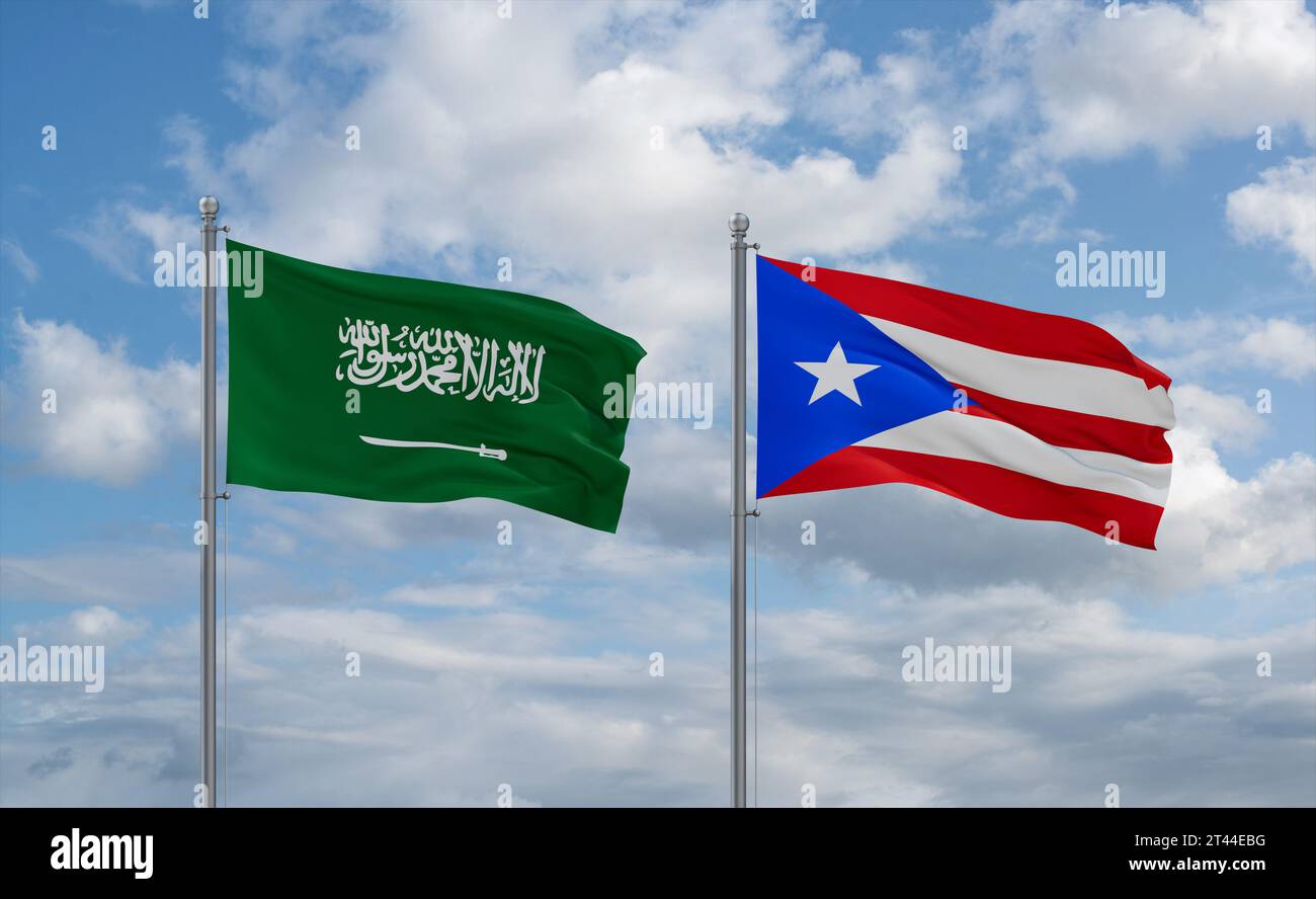 Puerto Rico and Saudi Arabia flags waving together in the wind on blue ...