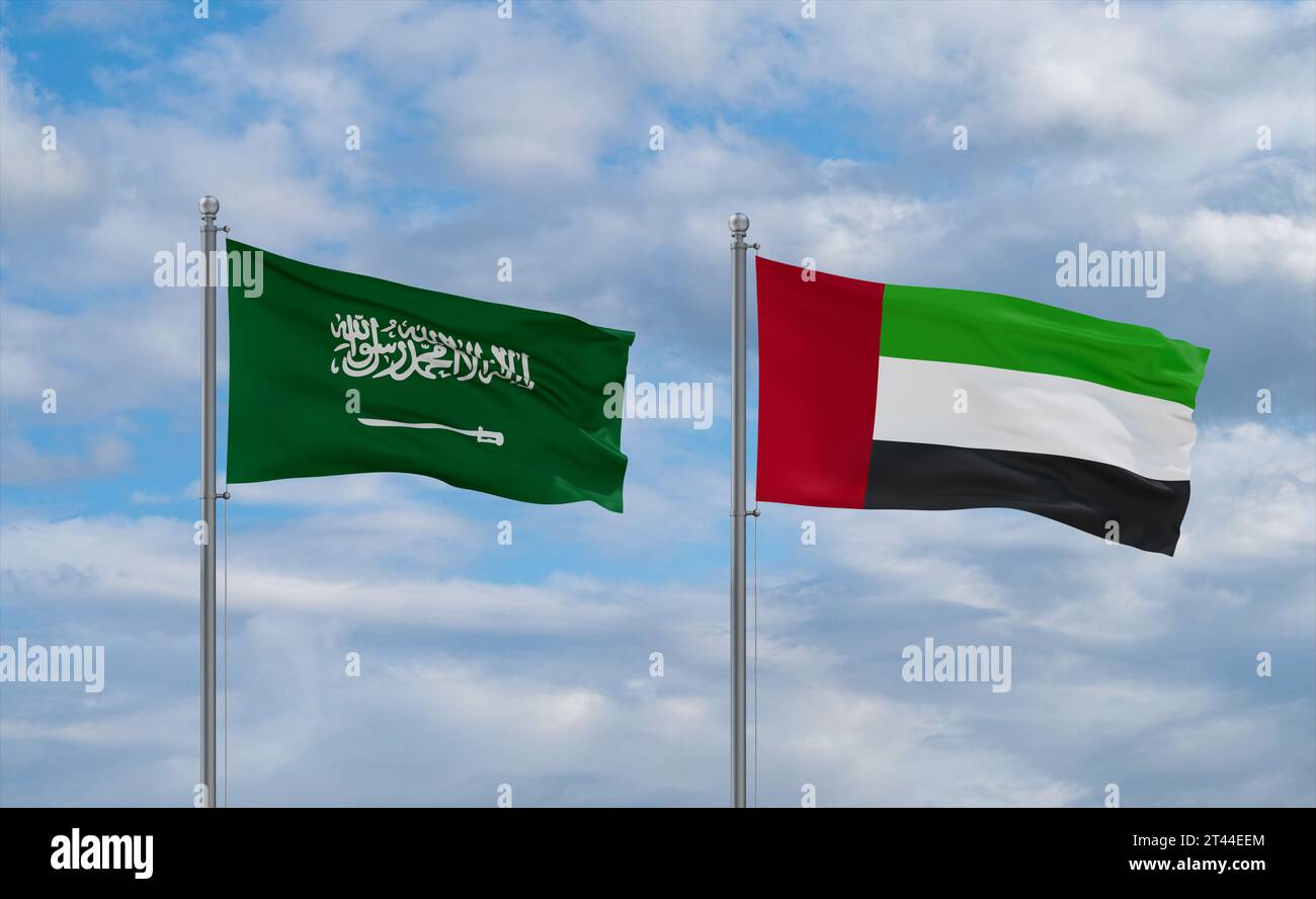 United Arab Emirates and Saudi Arabia flags waving together in the wind ...