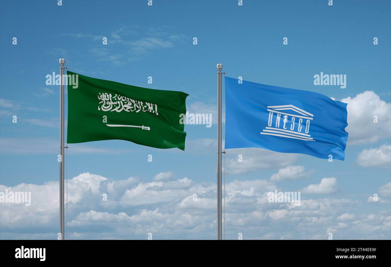 UNESCO and Saudi Arabia flags waving together in the wind on blue ...