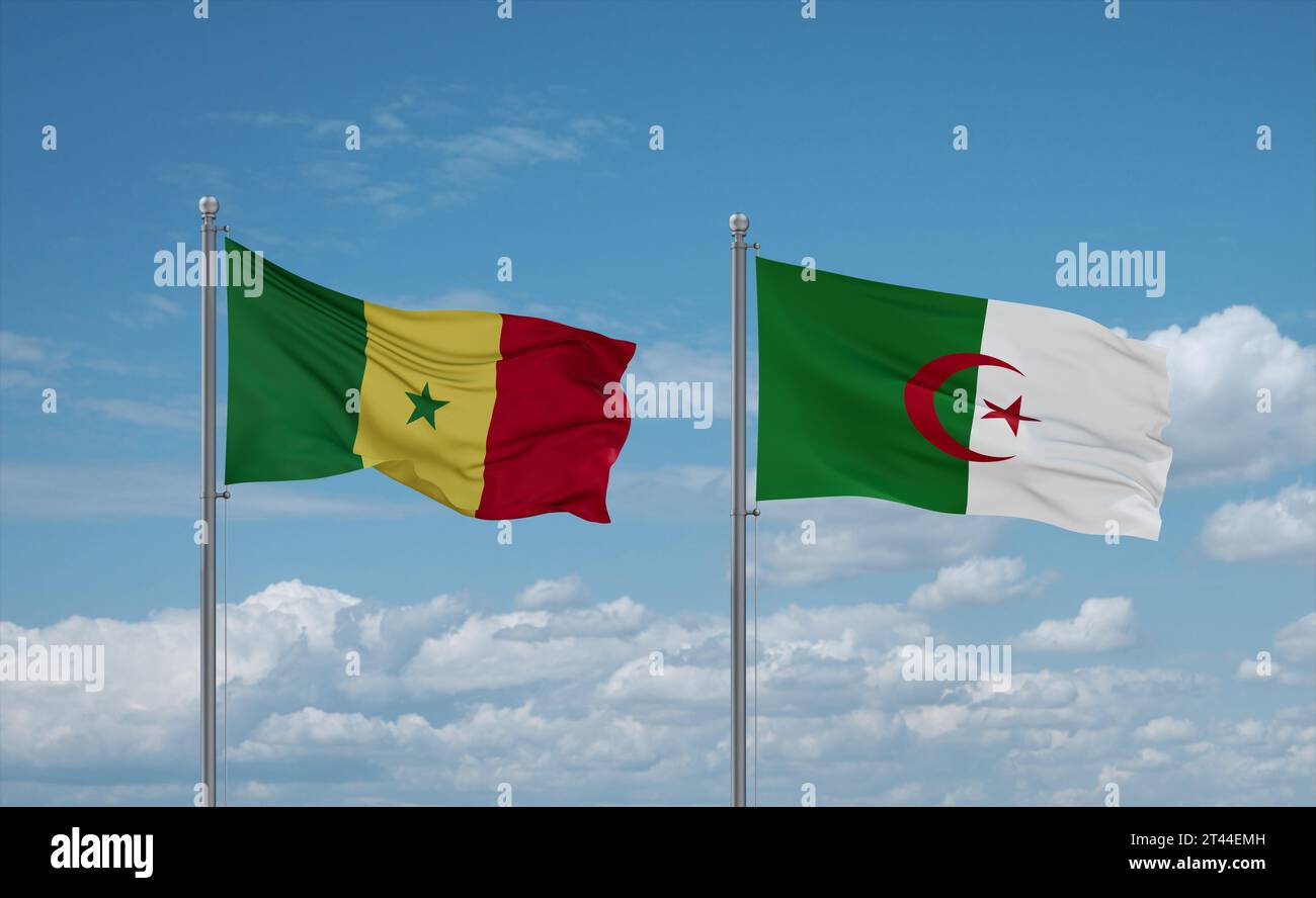 Senegal and Algeria flags waving together in the wind on blue cloudy ...