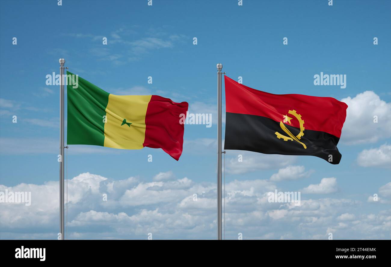 Senegal and Angola flags waving together in the wind on blue cloudy sky Stock Photo - Alamy