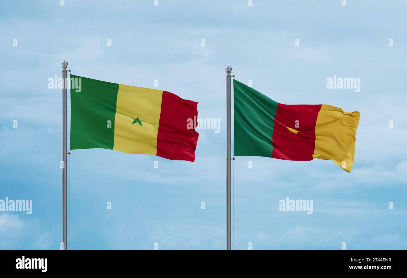 Cameroon and Senegal flags waving together on blue cloudy sky, two ...