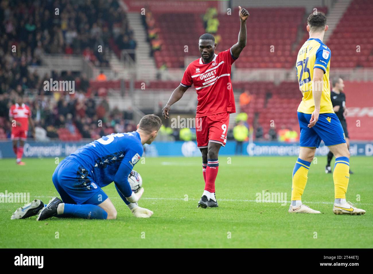 Stoke City Goalkeeper Jack Bonham gets to the ball beforeMiddlesbrough ...