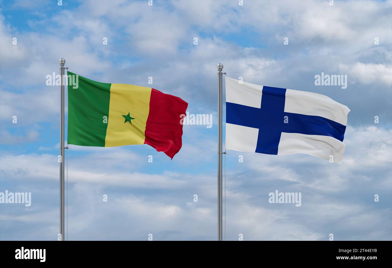 Finland and Senegal flags waving together on blue cloudy sky, two country relationship concept ...