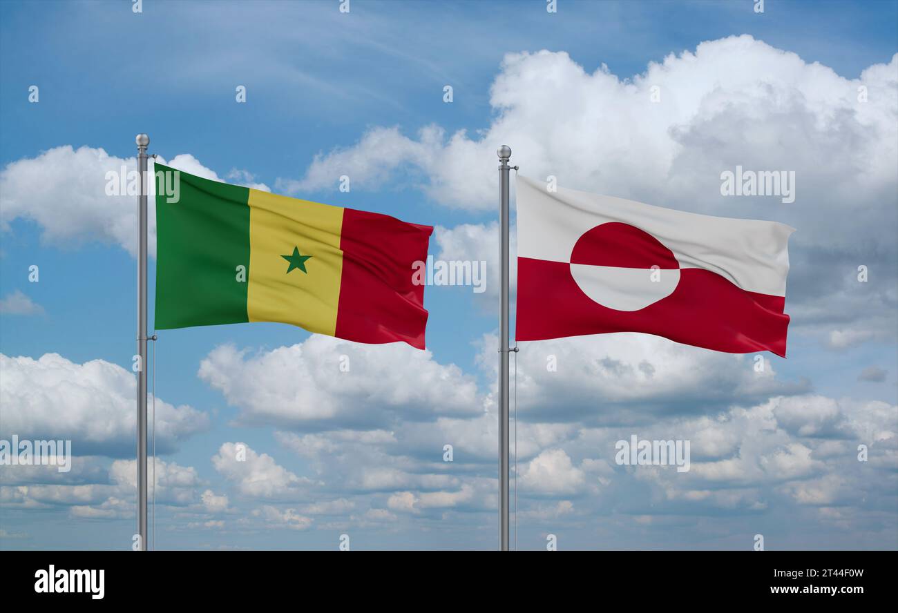 Greenland and Senegal flags waving together on blue cloudy sky, two ...