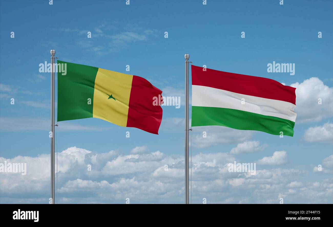 Hungary and Senegal flags waving together on blue cloudy sky, two country relationship concept ...