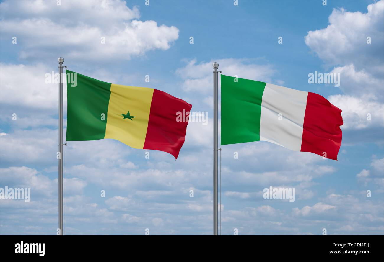Italy and Senegal flags waving together in the wind on blue cloudy sky ...