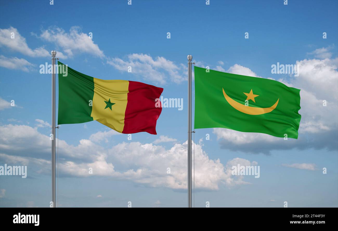 Mauritania and Senegal flags waving together on blue cloudy sky, two ...