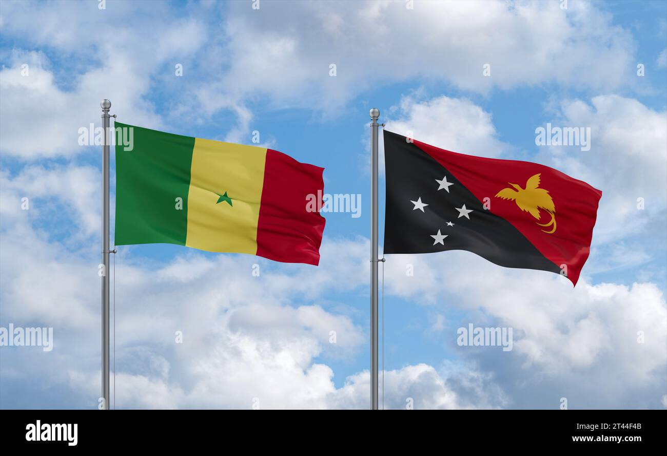 Papua New Guinea and Senegal flags waving together on blue cloudy sky ...