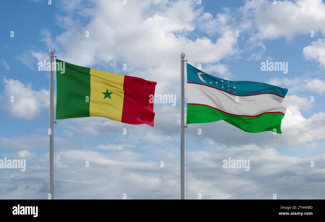 Republic of Uzbekistan and Senegal flags waving together in the wind on ...