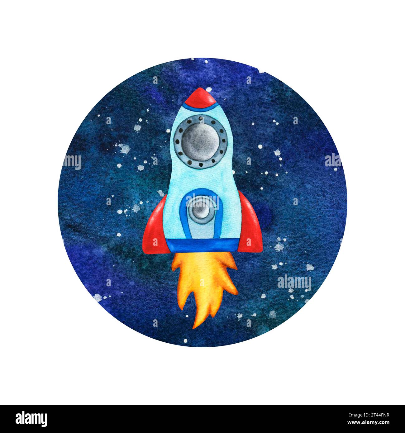 Cute rocket in space isolated on galaxy background. Watercolor ...