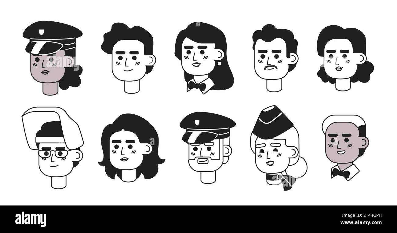 Workers diverse black and white 2D vector avatars illustration set ...