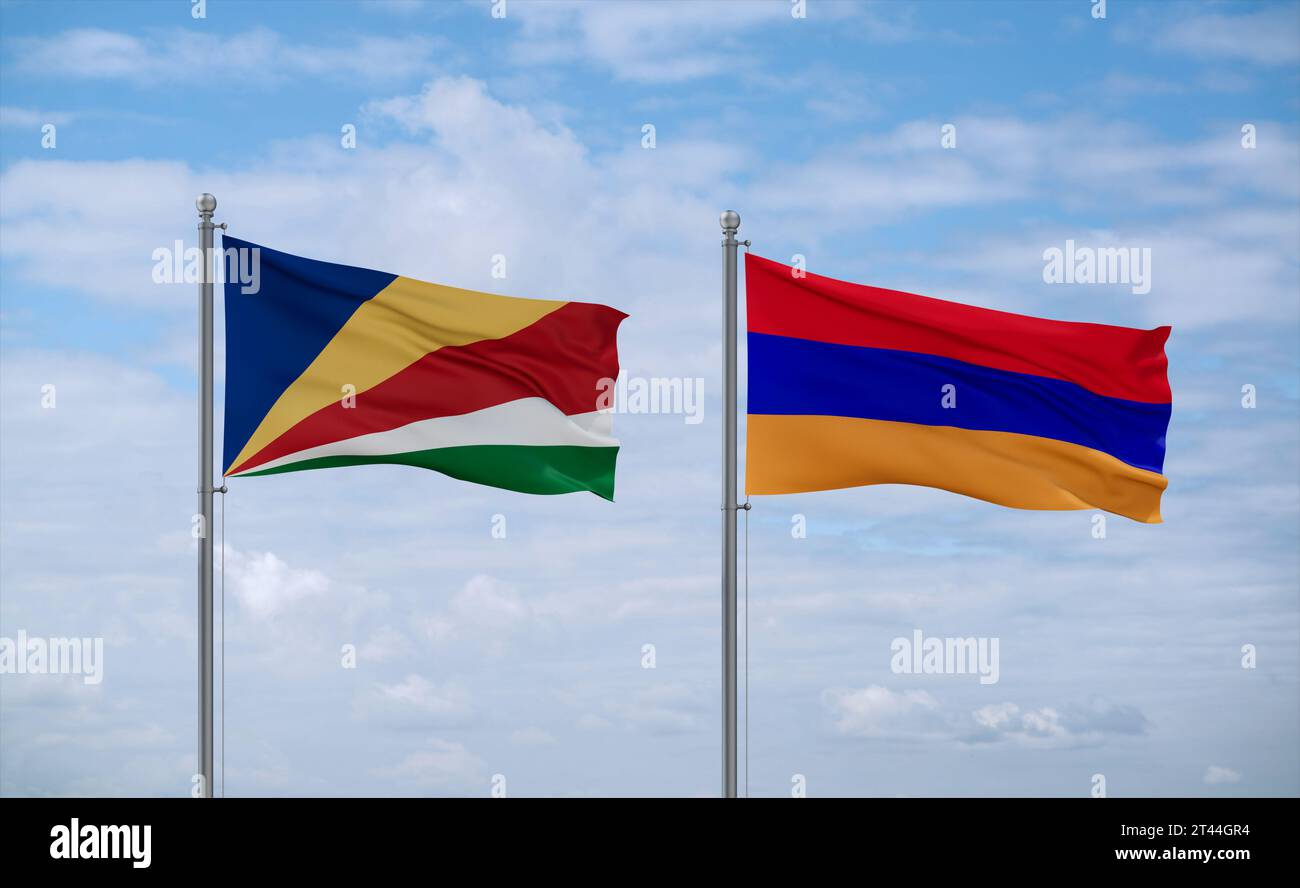 Armenia and Seychelles flags waving together in the wind on blue cloudy sky, two country ...