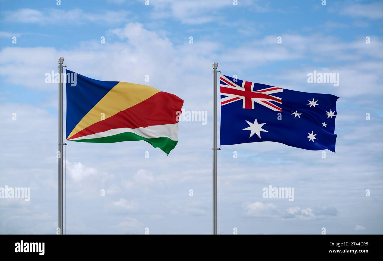 Australia and Seychelles flags waving together on blue cloudy sky, two country relationship ...